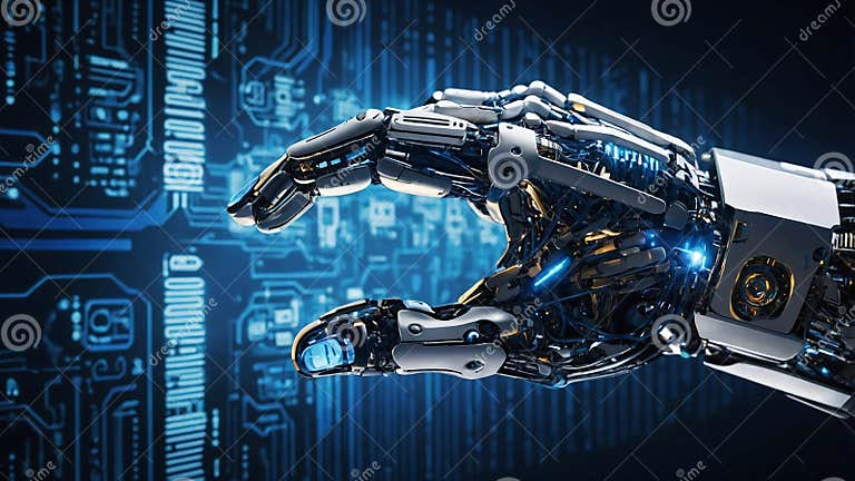 Robotic Hand Reaching Forward on Blue Digital Circuit Background, Tech ...