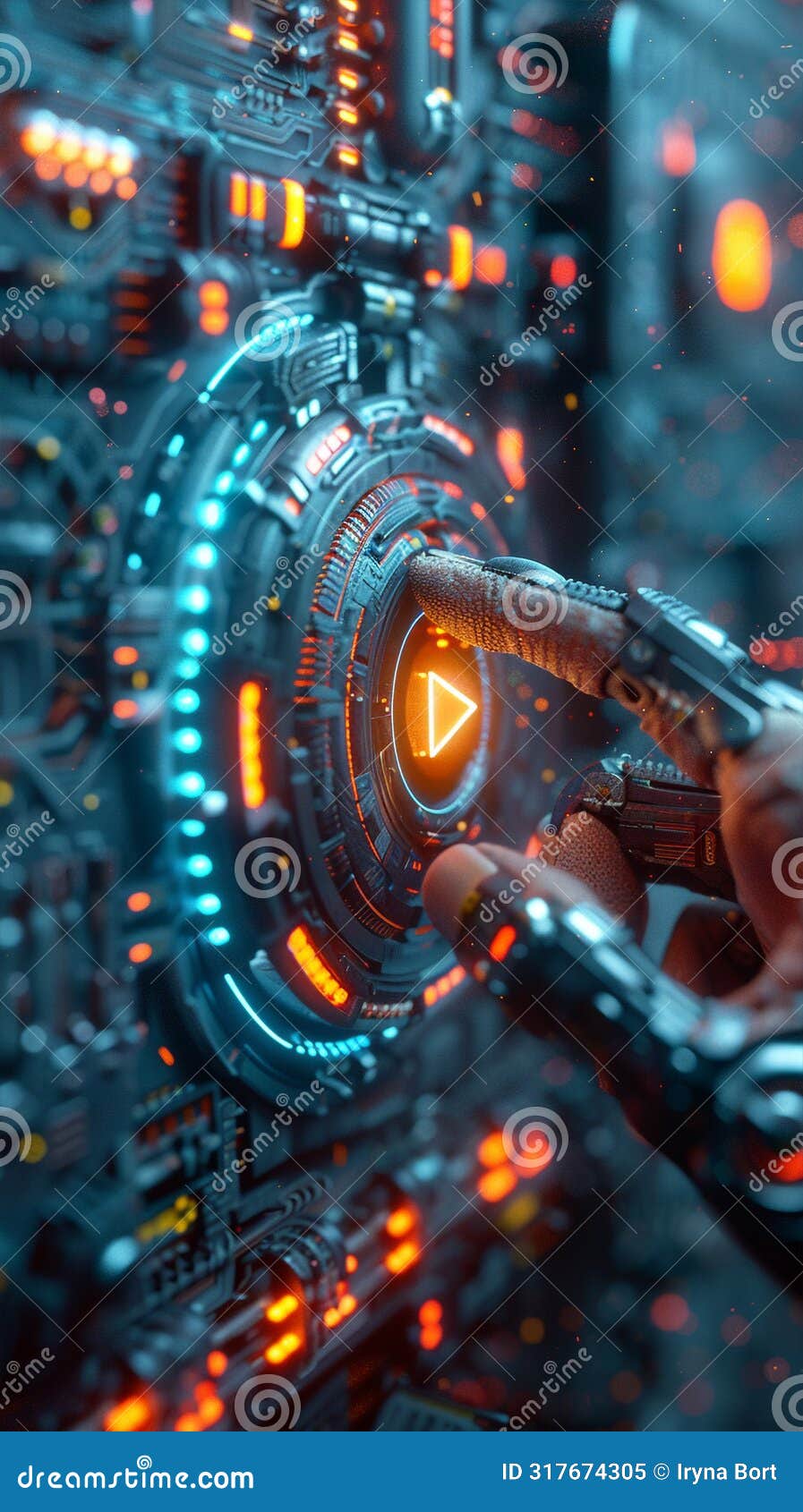 Robotic Hand Touching Button at Screen, Holographic Display Stock ...