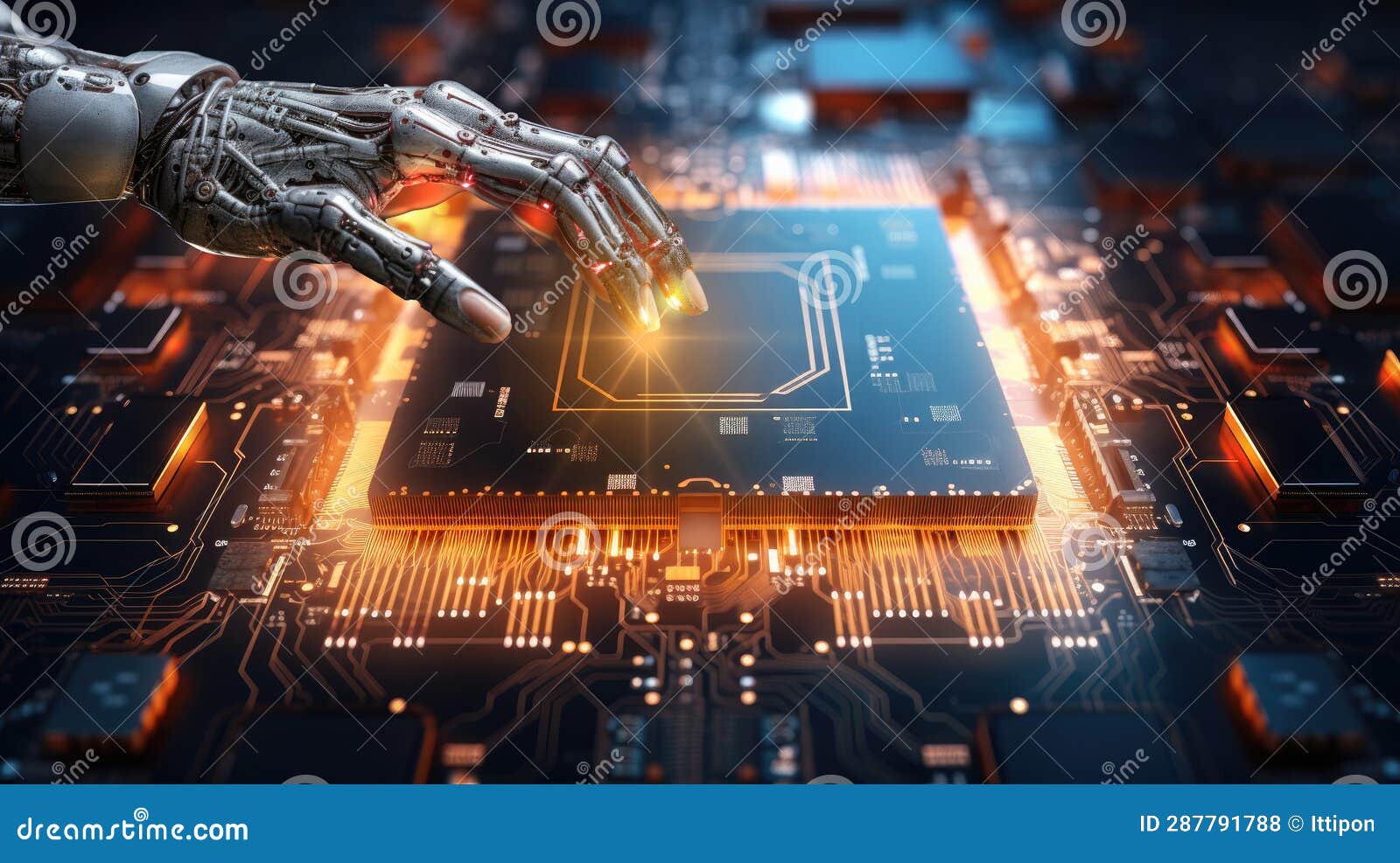 Robotic Hand Touching Digital Circuit Board . Bionic Technology Stock ...