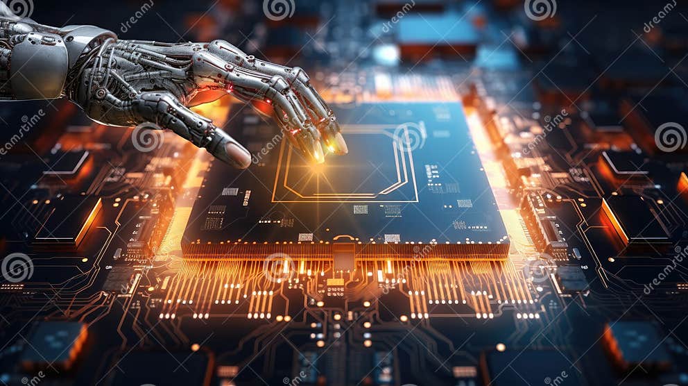 Robotic Hand Touching Digital Circuit Board . Bionic Technology Stock ...