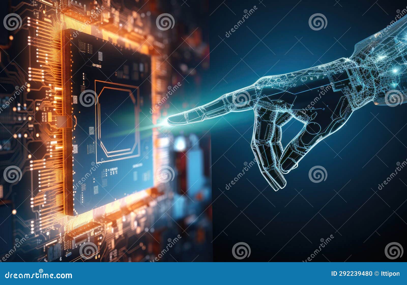 Robotic Hand Touching Digital Circuit Board . Bionic Technology Stock ...