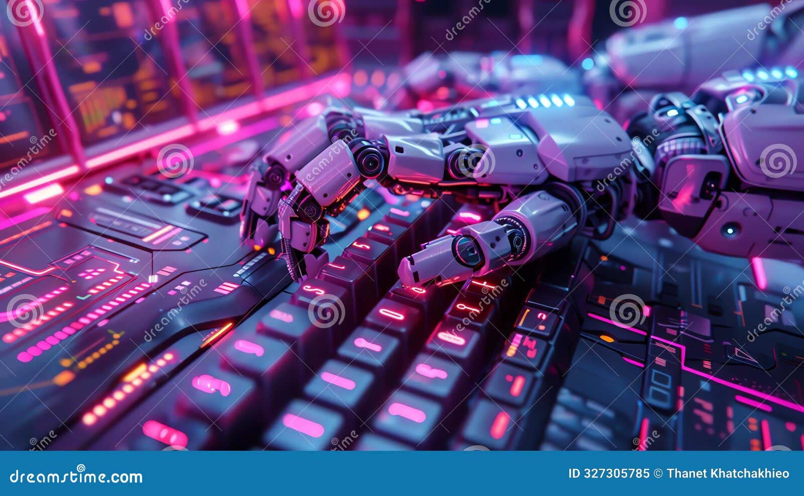 Robotic Hand Typing on a Futuristic Keyboard with Pink and Purple ... Robotic Hand Typing on a Futuristic Keyboard with Pink and Purple ...