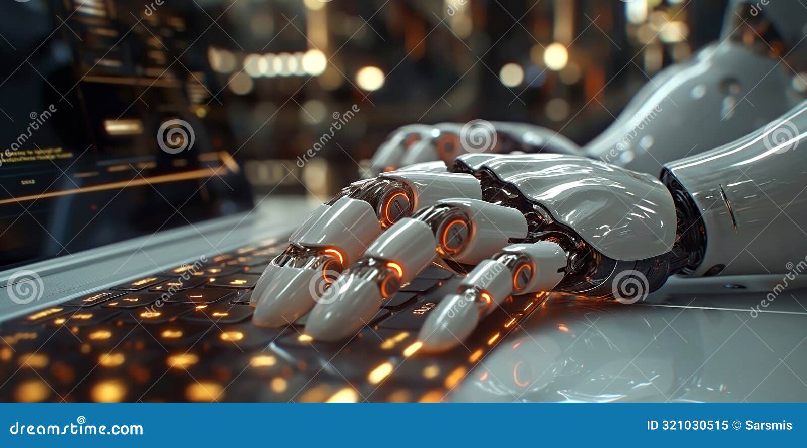 Robotic Hand Typing On Keyboard In Futuristic Workspace With Advanced ... Robotic Hand Typing On Keyboard In Futuristic Workspace With Advanced ...