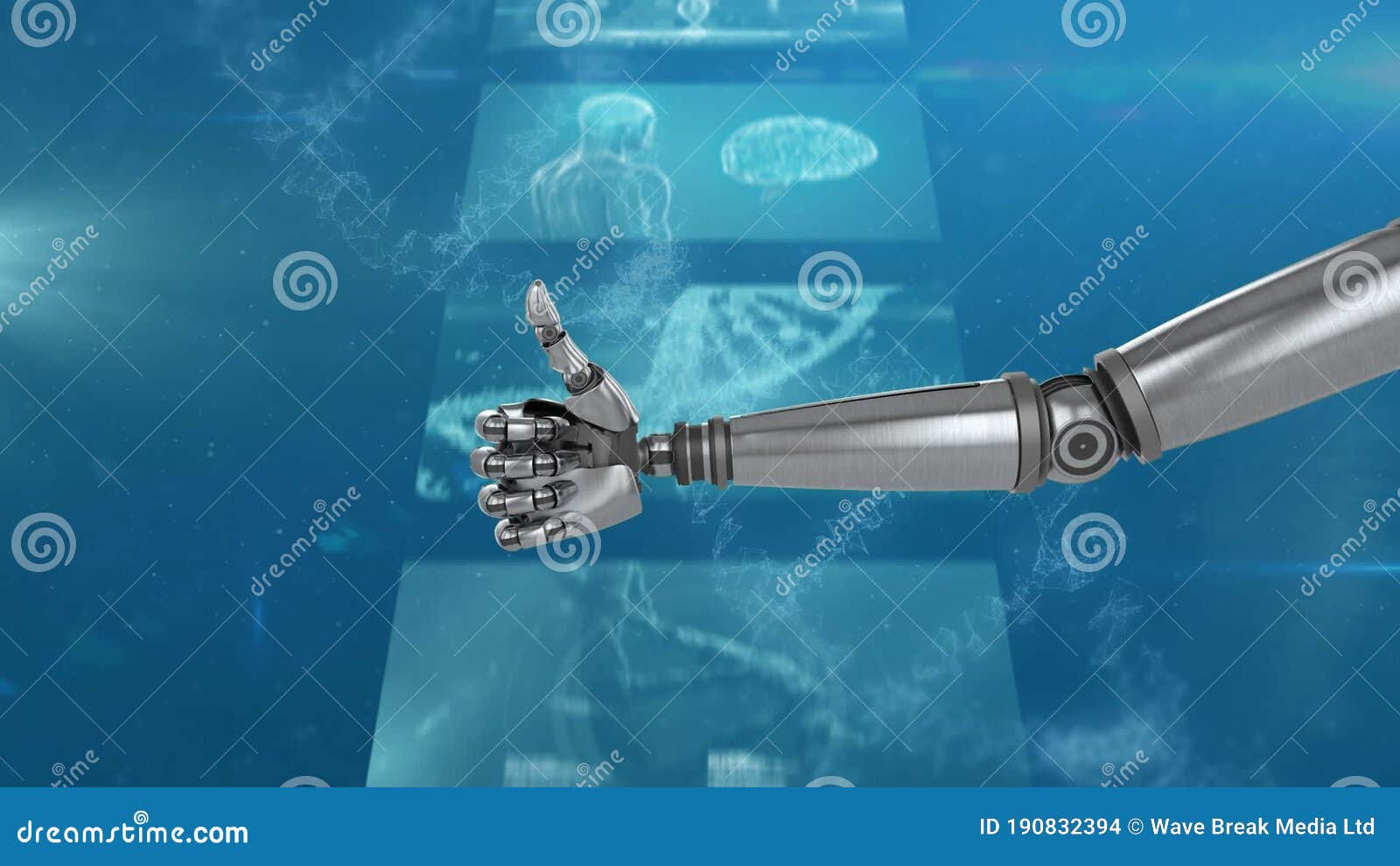 Robotic Hands Gesturing Thumbs Up and Medical Data Processing Stock ...