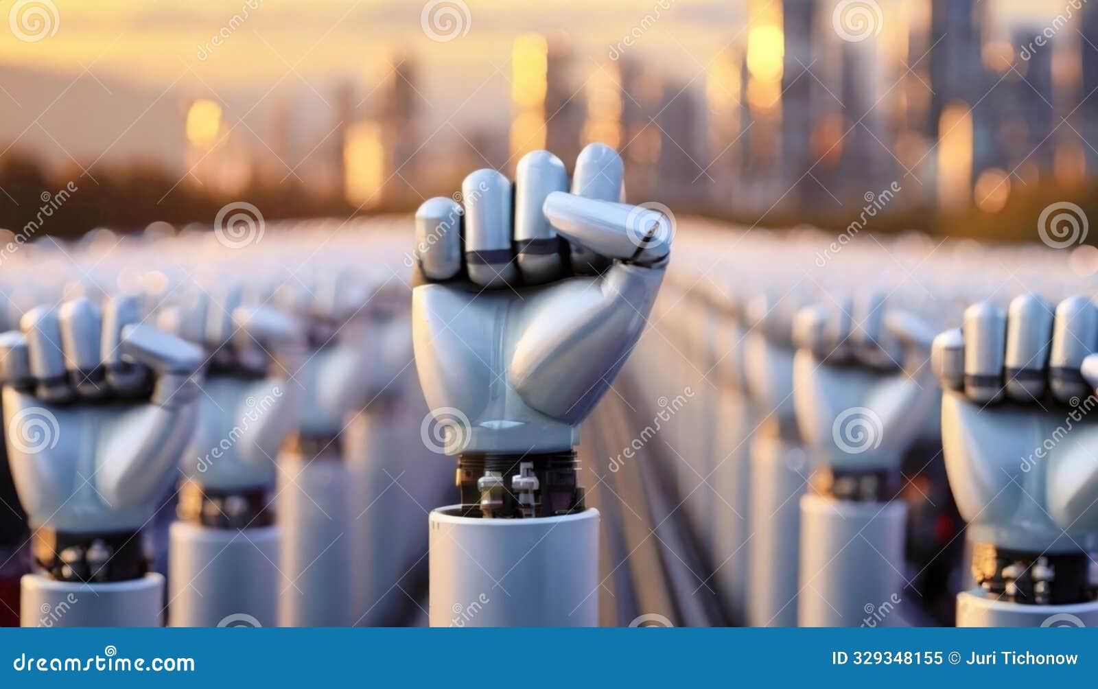 Robotic Hands Raise in Unison Against a Backdrop of Urban Skyline ...