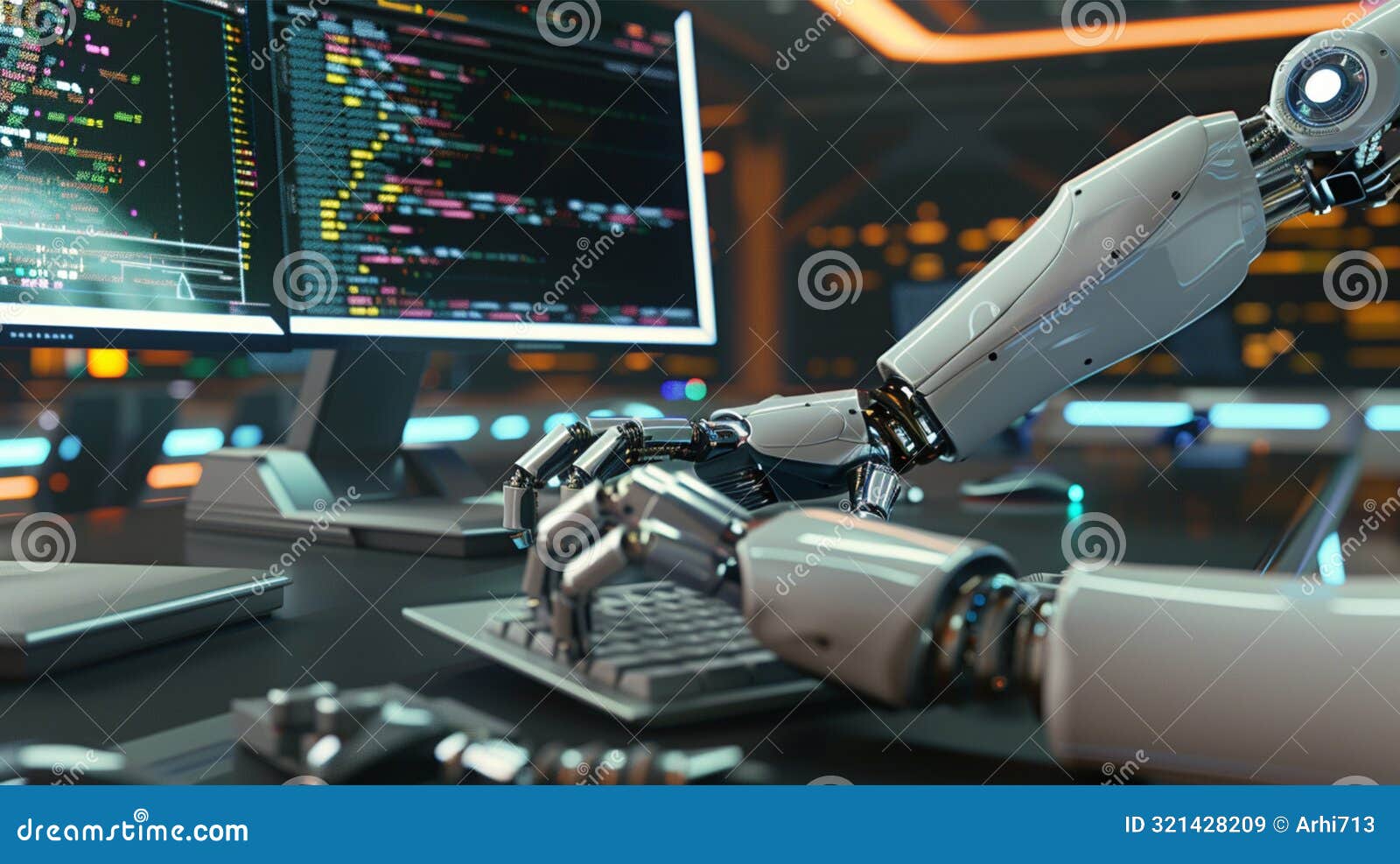 Robotic Hands Typing on a Keyboard with Multiple Screens Displaying Code Stock Illustration ...