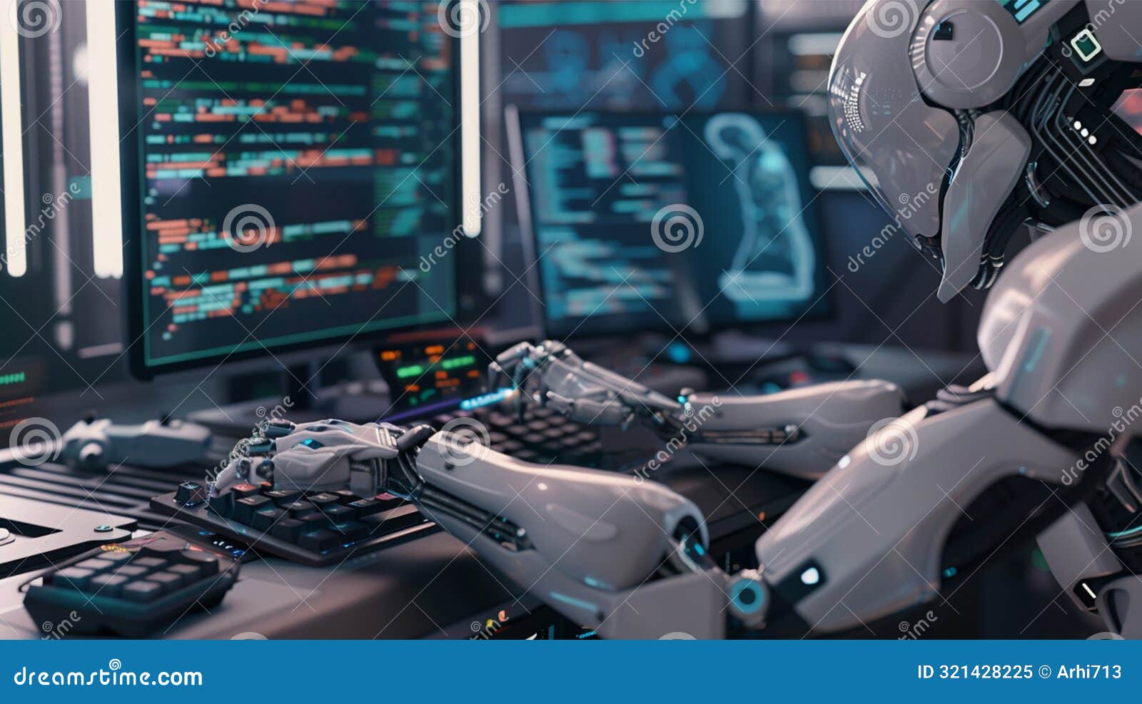 Robotic Hands Typing on a Keyboard with Multiple Screens Displaying ...