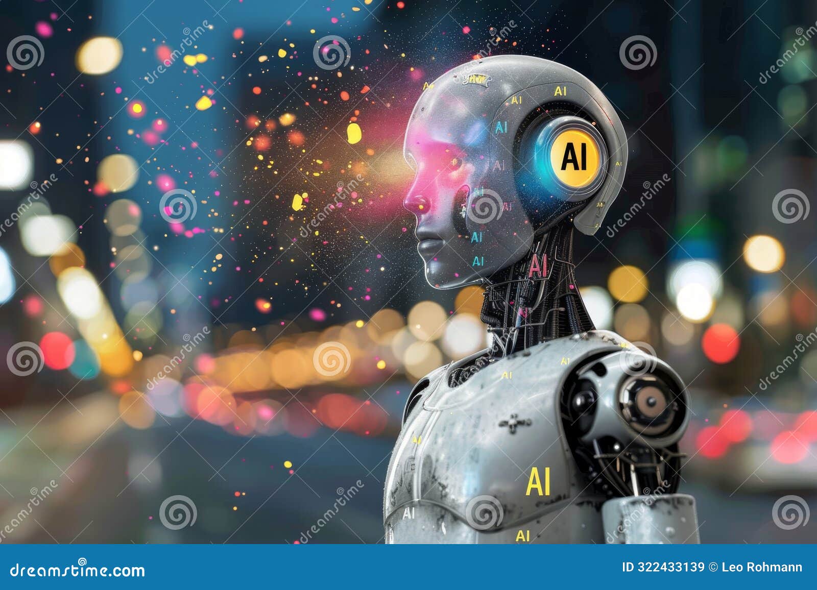 Robotic Head with Glowing AI Particles, Representing the Fusion of ...