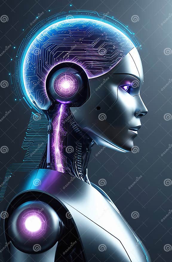 Robotic Head Glowing with Data Streams and Circuits, Symbolizing the ...