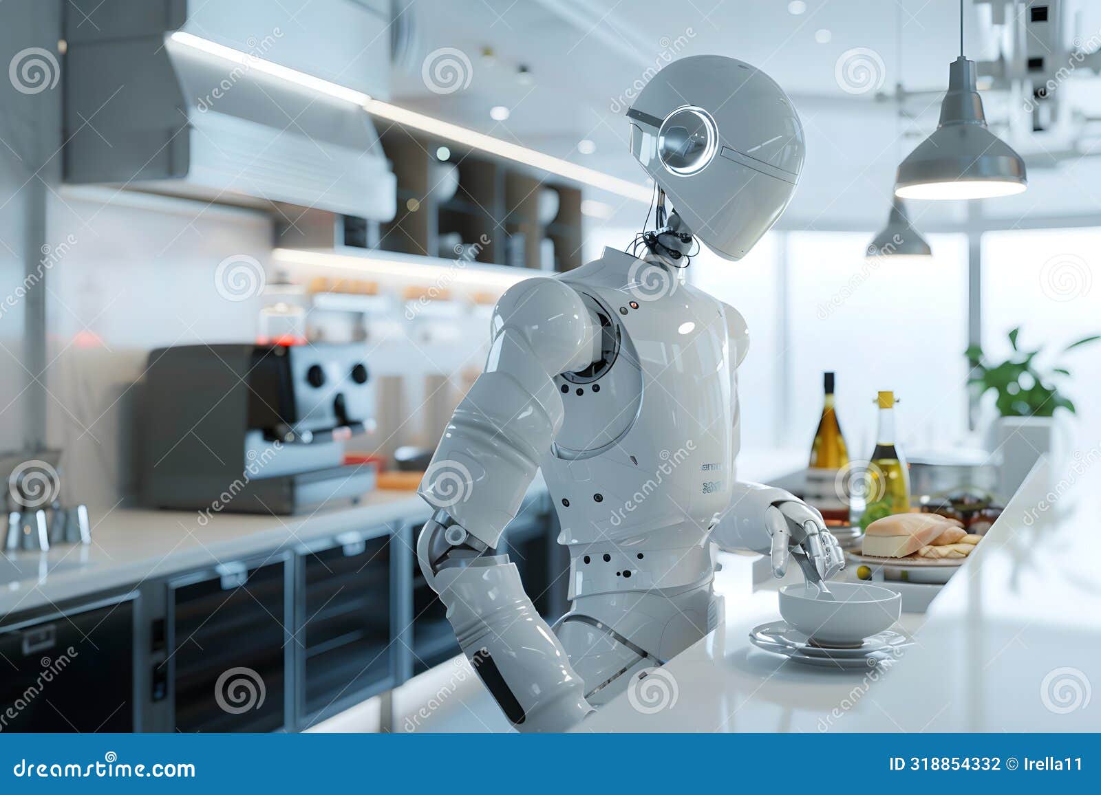 A Robotic Home Assistant Prepares Food in Spacious White Kitchen. the ...