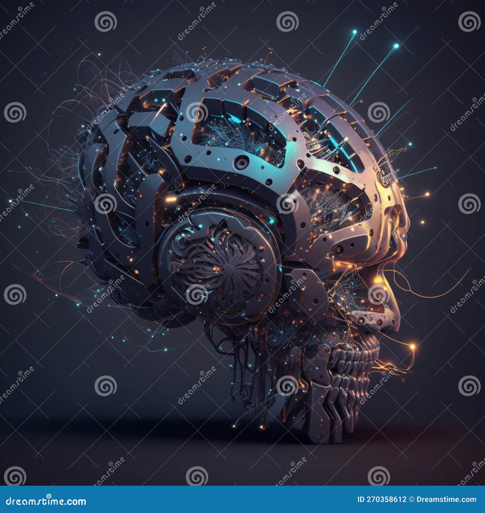 Robotic Human Brain and Skull with Detailed Circuits. Concept Art of ...