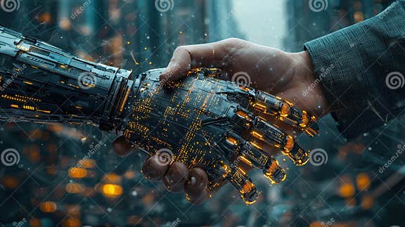 Robotic and Human Hands Shaking in a Futuristic Setting Symbolizing ...