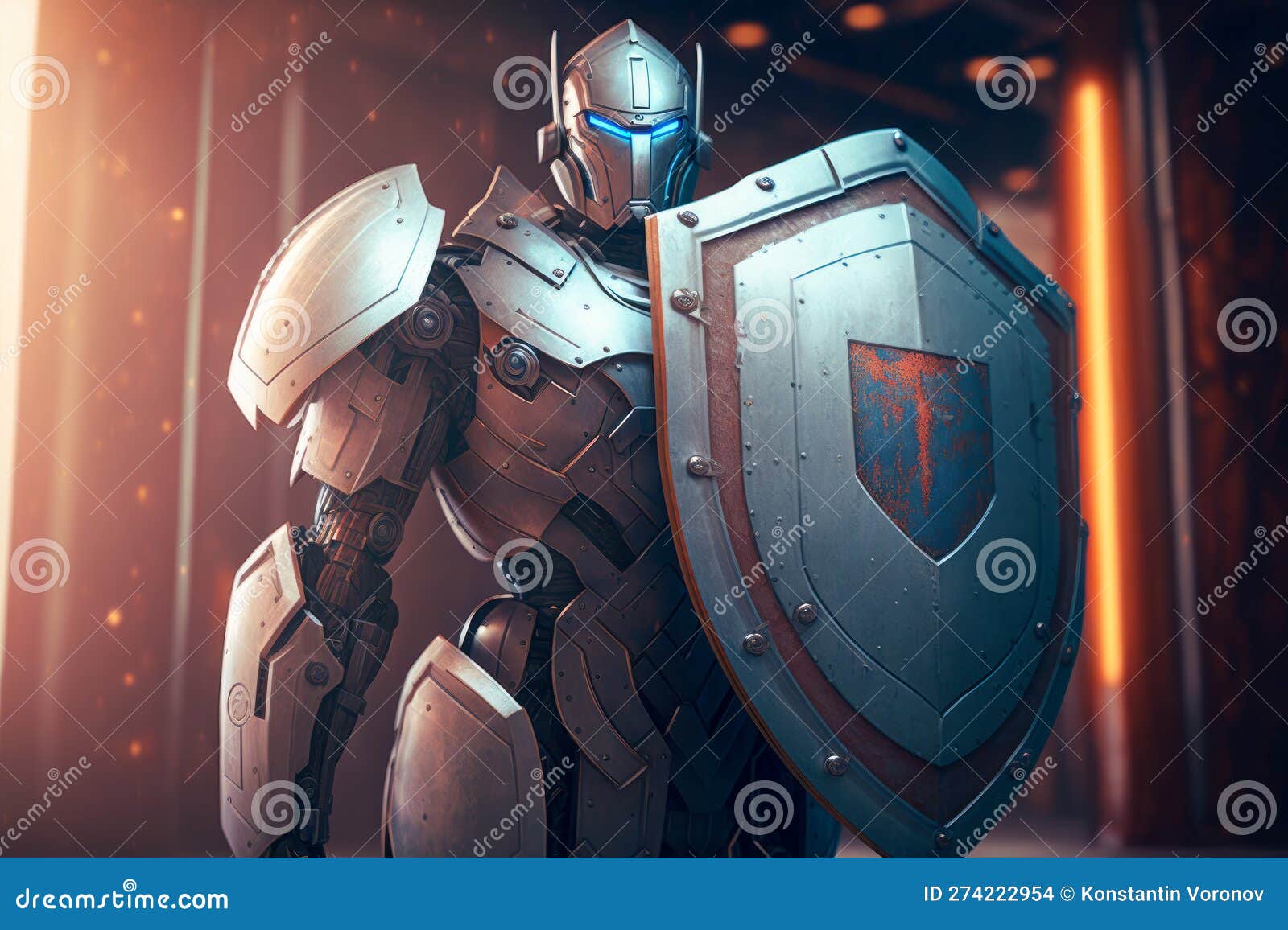 Robotic Knight with Shield Defending in Futuristic Matrix Cyberspace ...