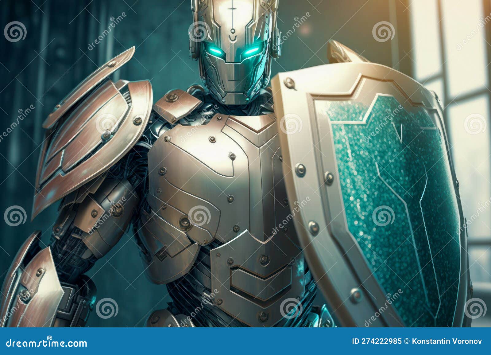 Robotic Knight with Shield Defending in Futuristic Matrix Cyberspace ...