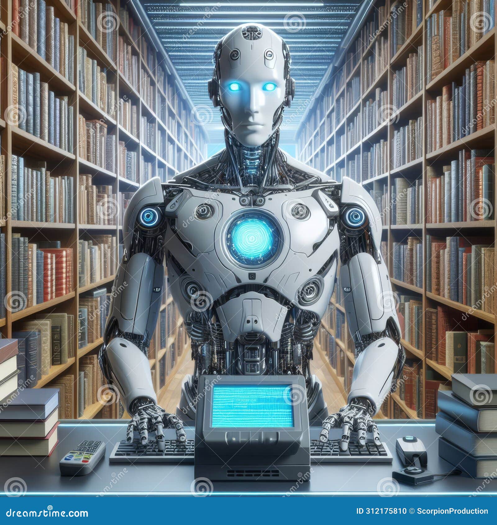 Robotic Librarian in Digital Archive Stock Photo - Image of future ...
