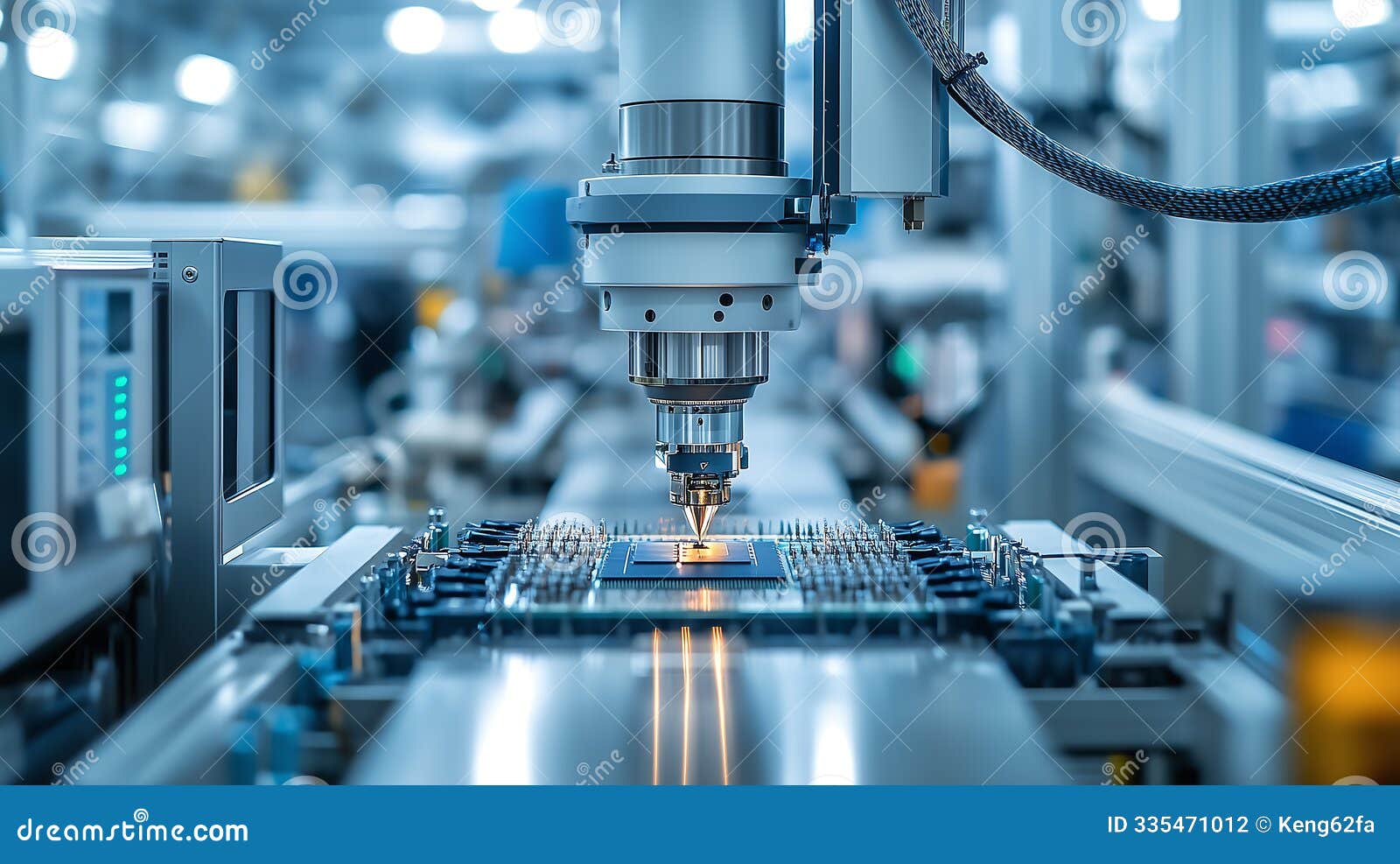 Robotic Machine Assembling Circuit Boards On Automated Production Line Stock Illustration