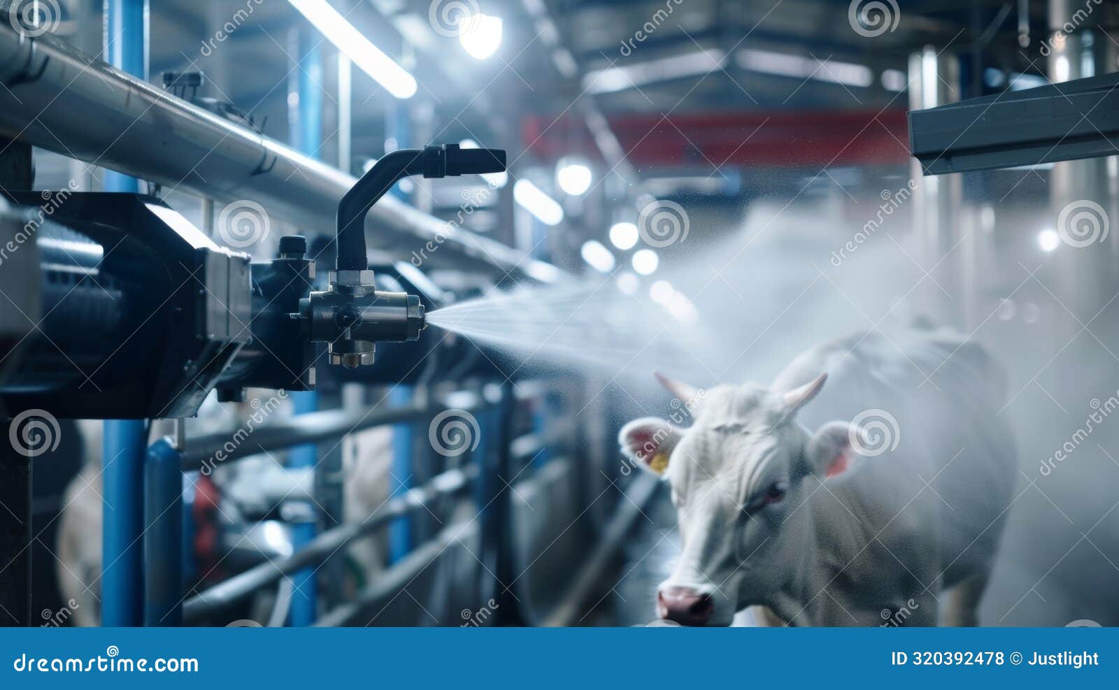 A Robotic Milking Machine Spraying a Mist of Cool Water on a Cows Udder ...