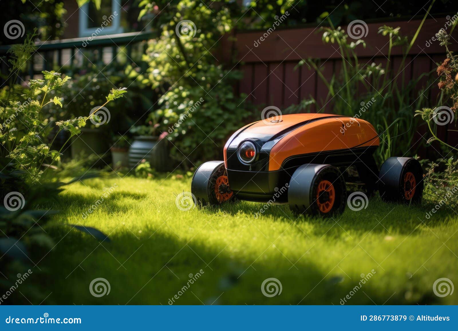 Robotic Mower Navigating Around Garden Obstacles Stock Illustration ...