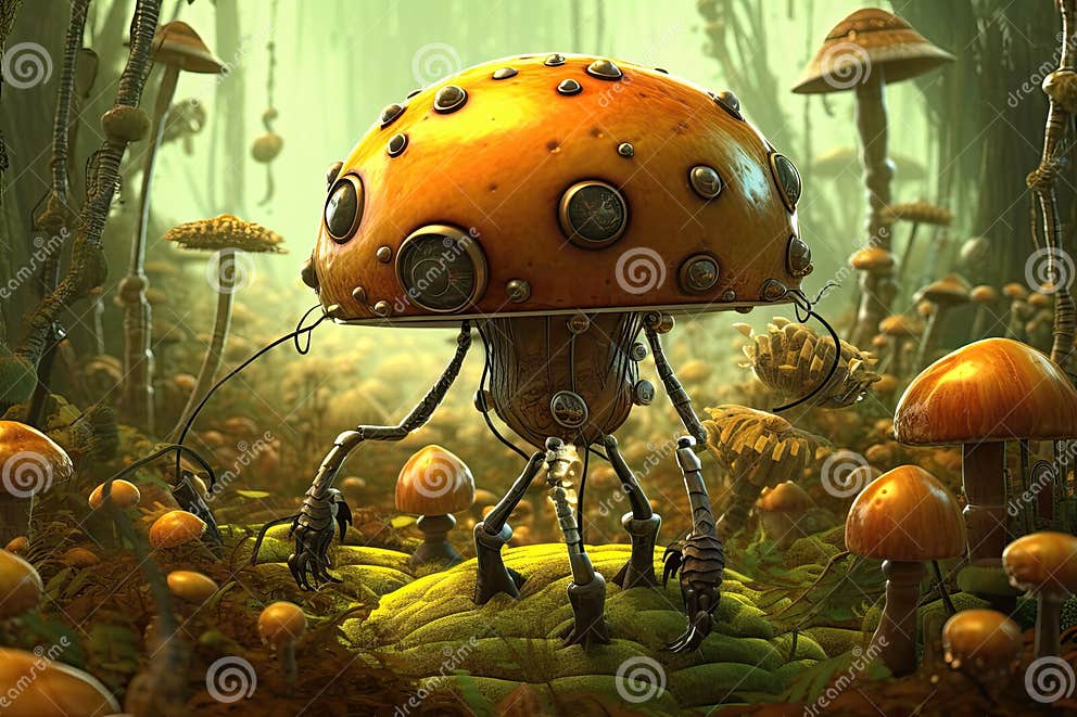 Robotic Mushroom-shaped Character Standing in a Peaceful Forest ...