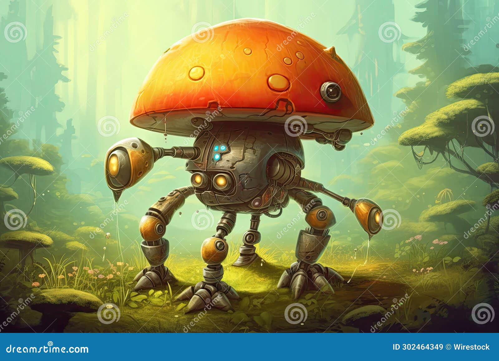 Robotic Mushroom-shaped Character Standing in a Peaceful Forest ...
