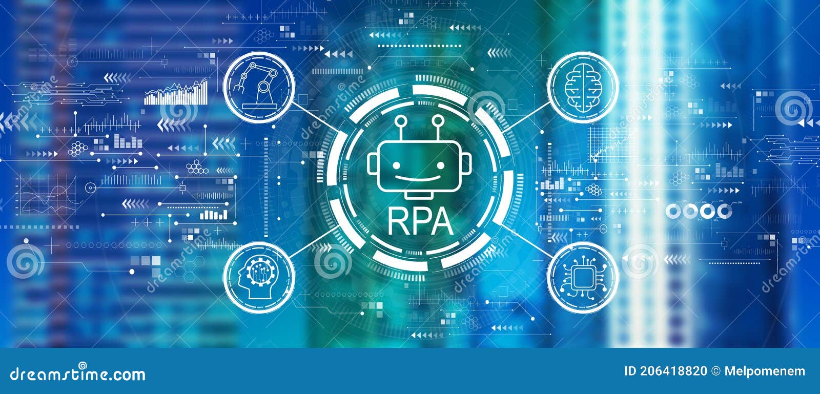 Robotic Process Automation Theme with Downtown Skyline Stock Photo ...