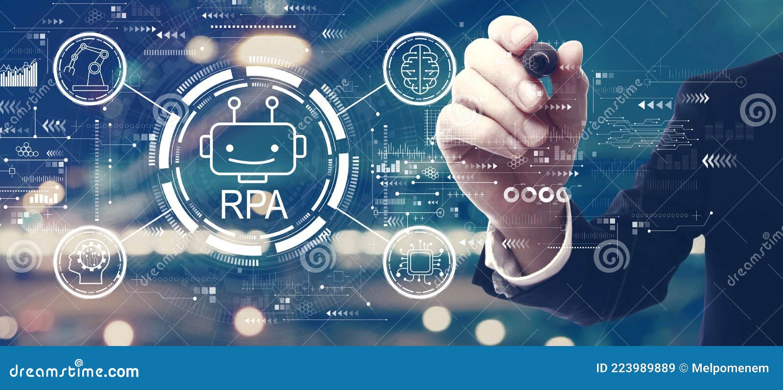 Robotic Process Automation Theme with a Man on City Background Stock ...