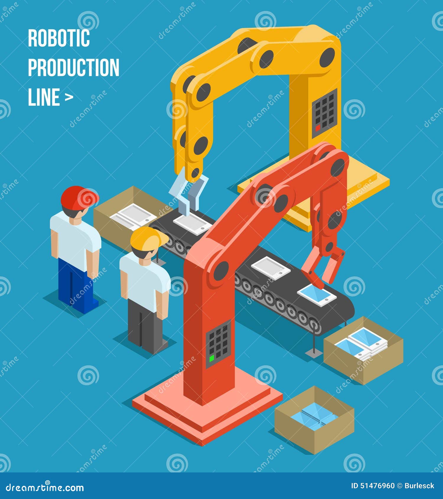 Production Line With Robotic Arms Landing Page Template. Factory Worker ...