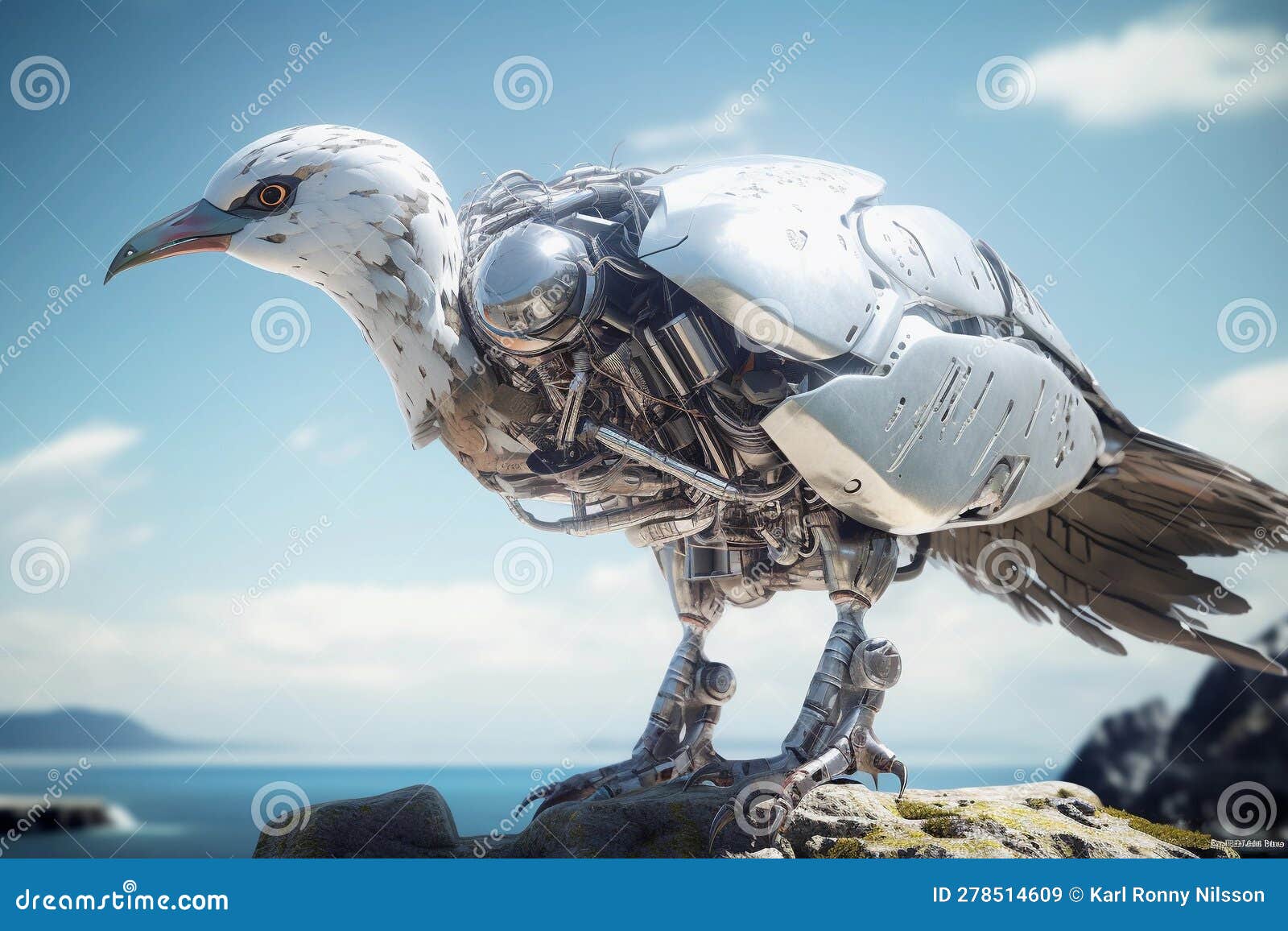 Robotic Seagull Overlooking Coastal Landscape (generative AI) Stock ...