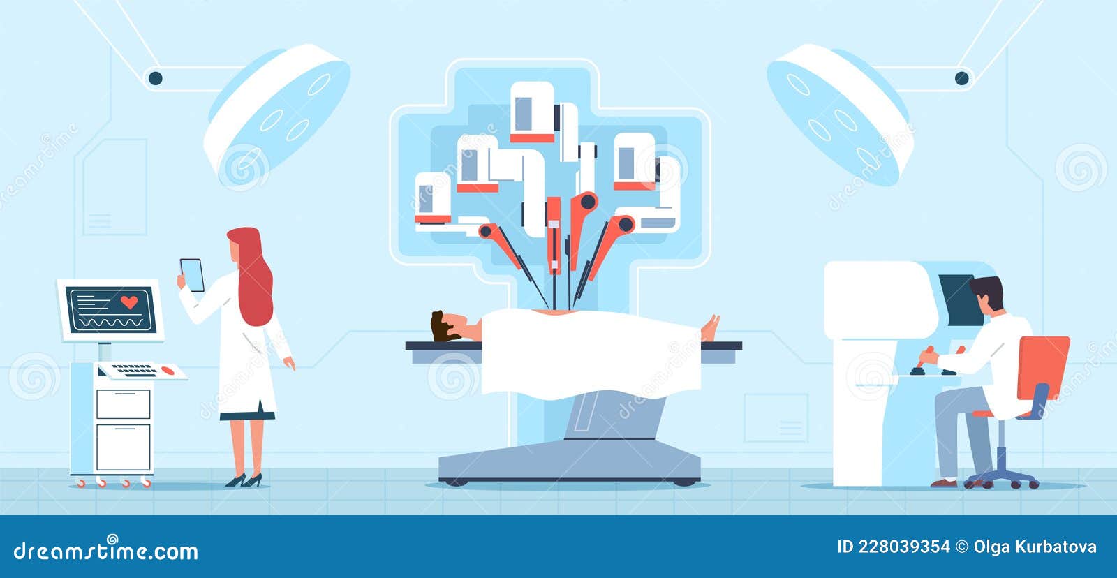 Robotic Surgery. Medical Operation Process, Surgical Table with Patient ...