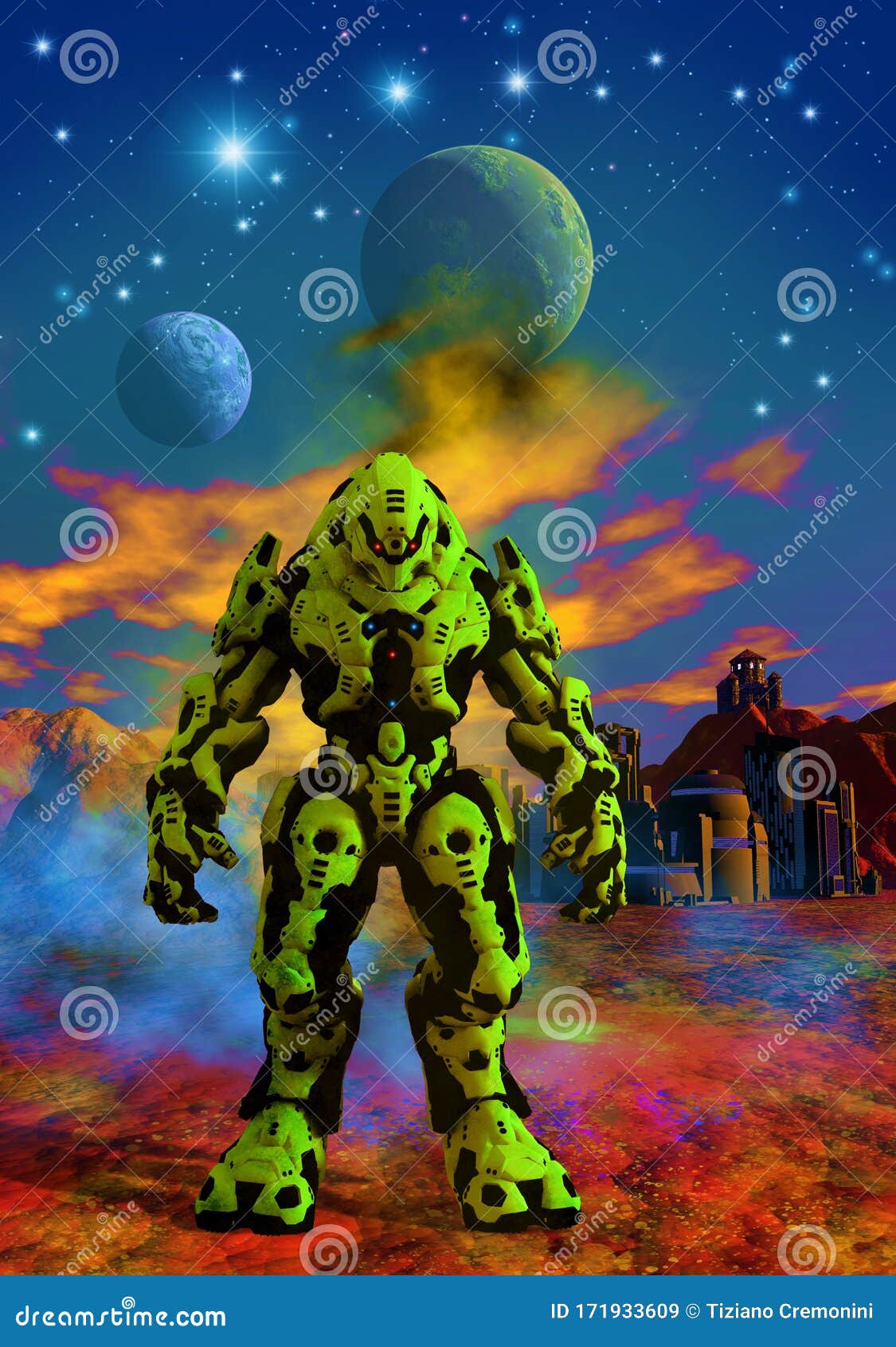 Robotic Alien With A Big Brain In Skull Helmet. Vector Illustration ...