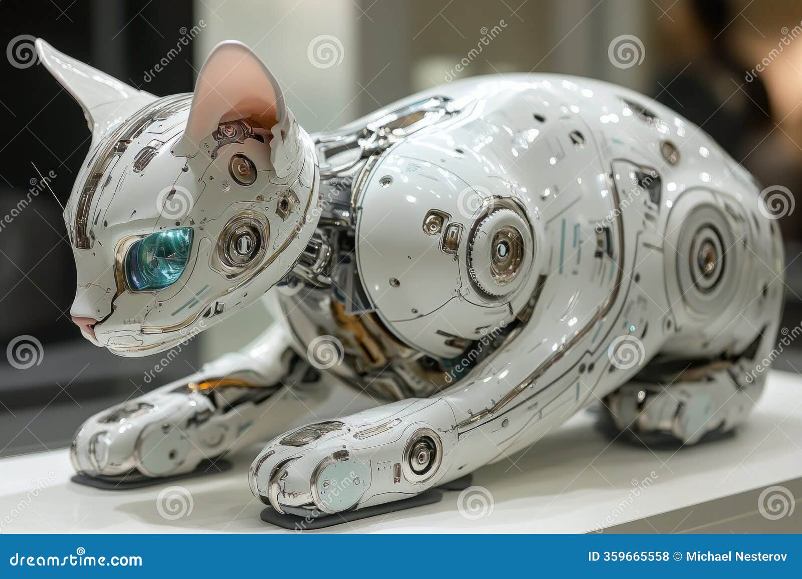 Robotic White Cat Sitting on a White Surface, Showing Its Artificial ...