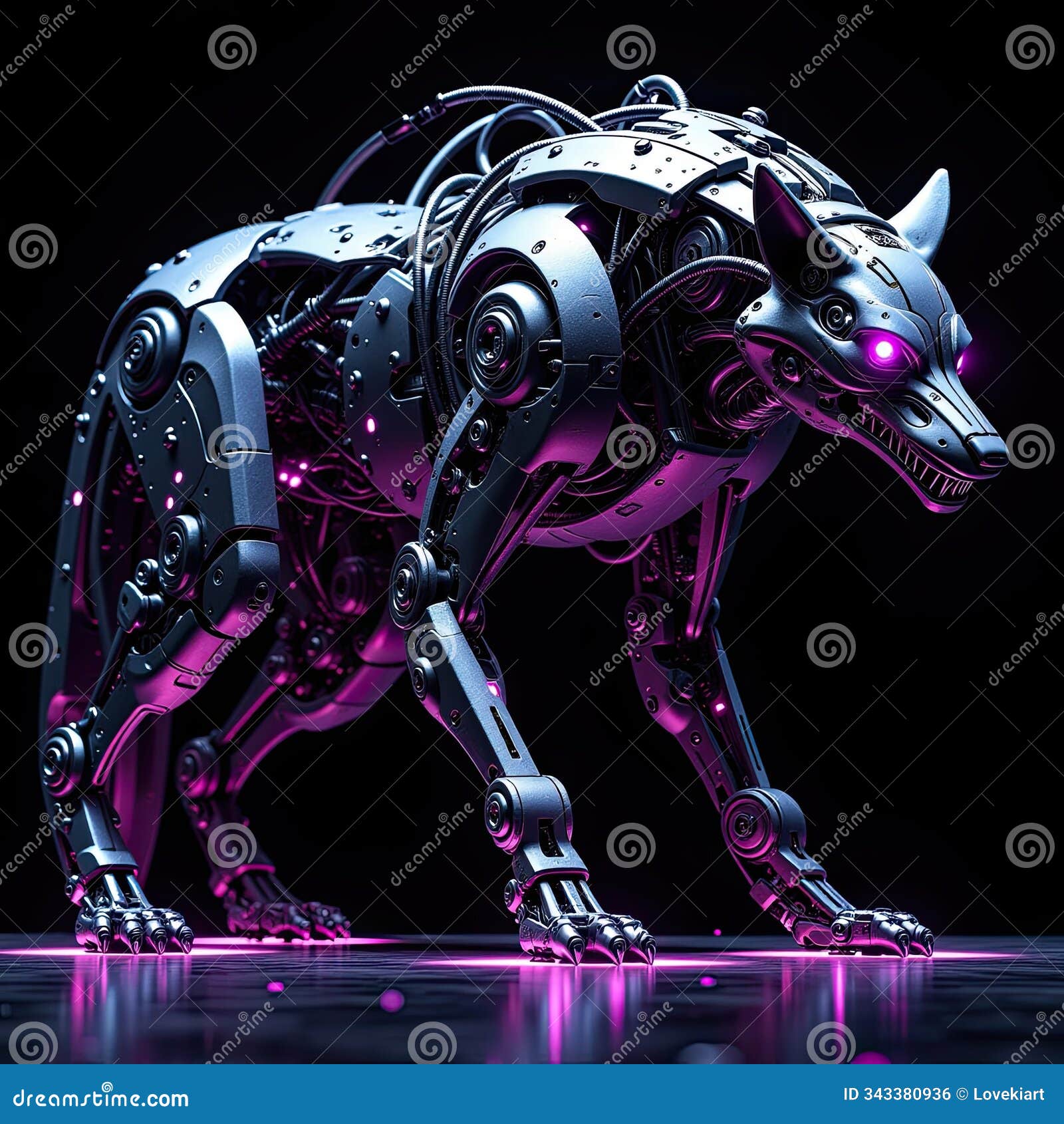 A Robotic Wolf Stands with Glowing Purple Eyes on a Dark, Reflective ...