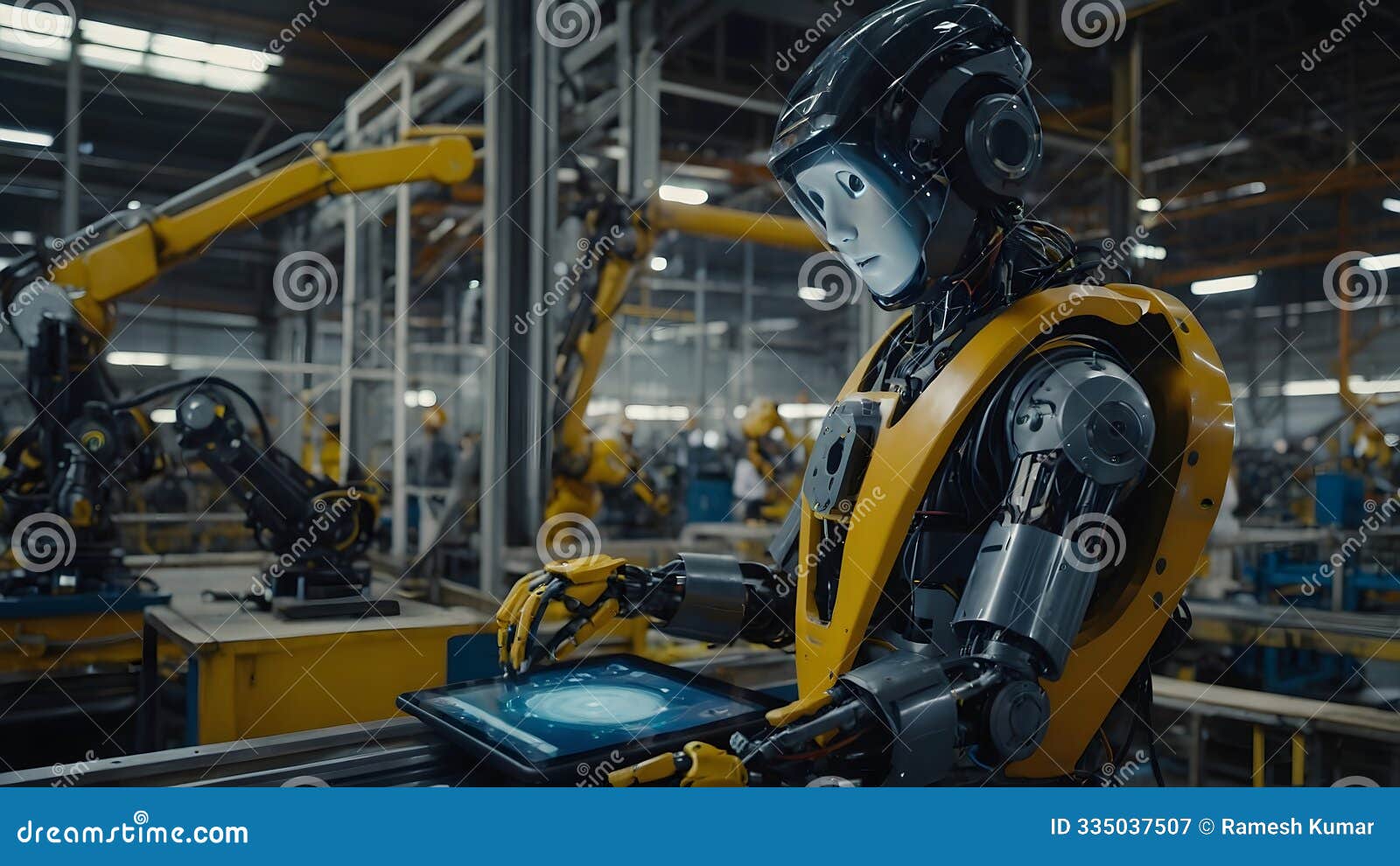 Robotic Worker Operating a Tablet in a High-tech Manufacturing Facility ...