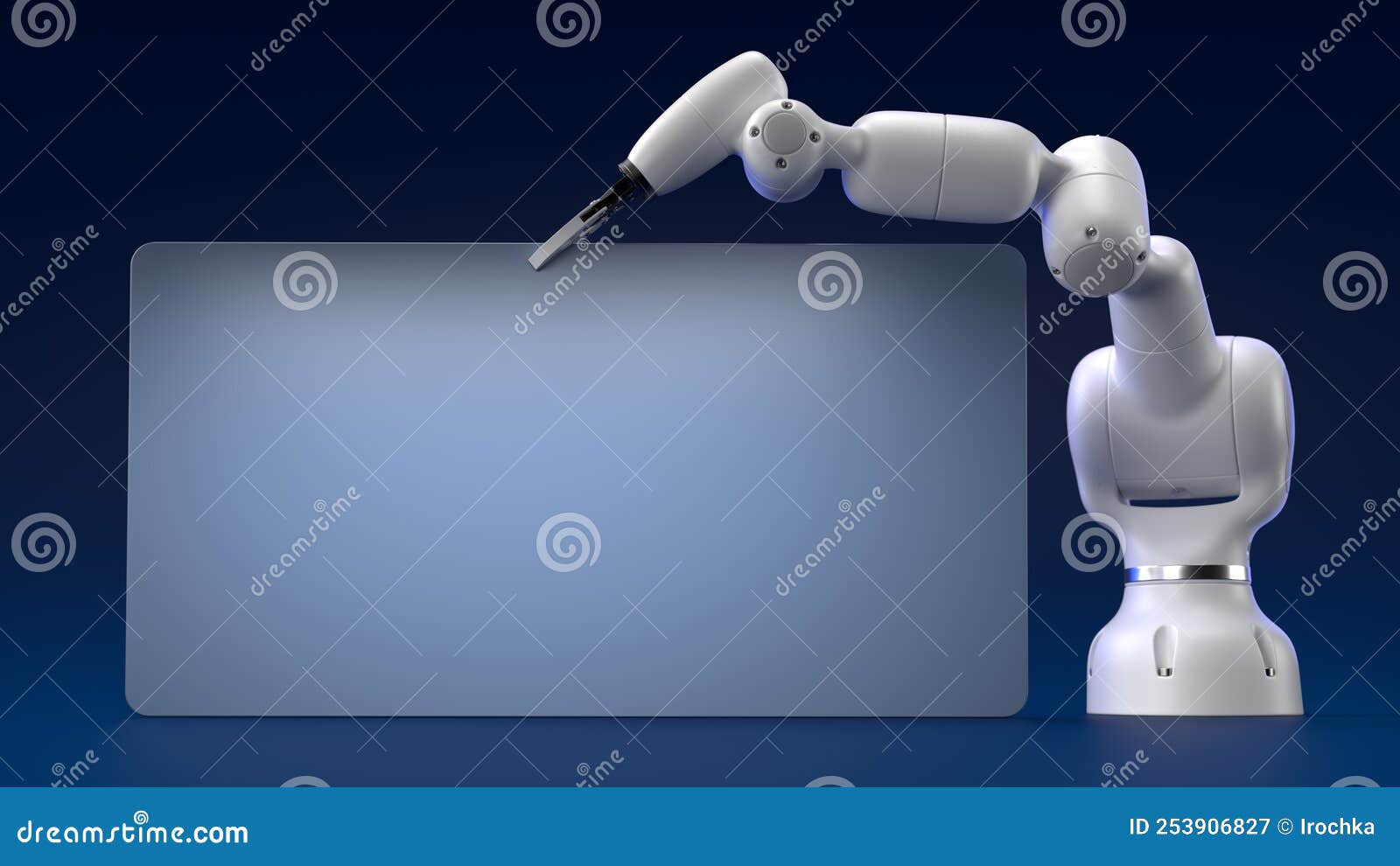 Robotics Arm Holding Blank Blue Boards on Grey Background. Stock ...