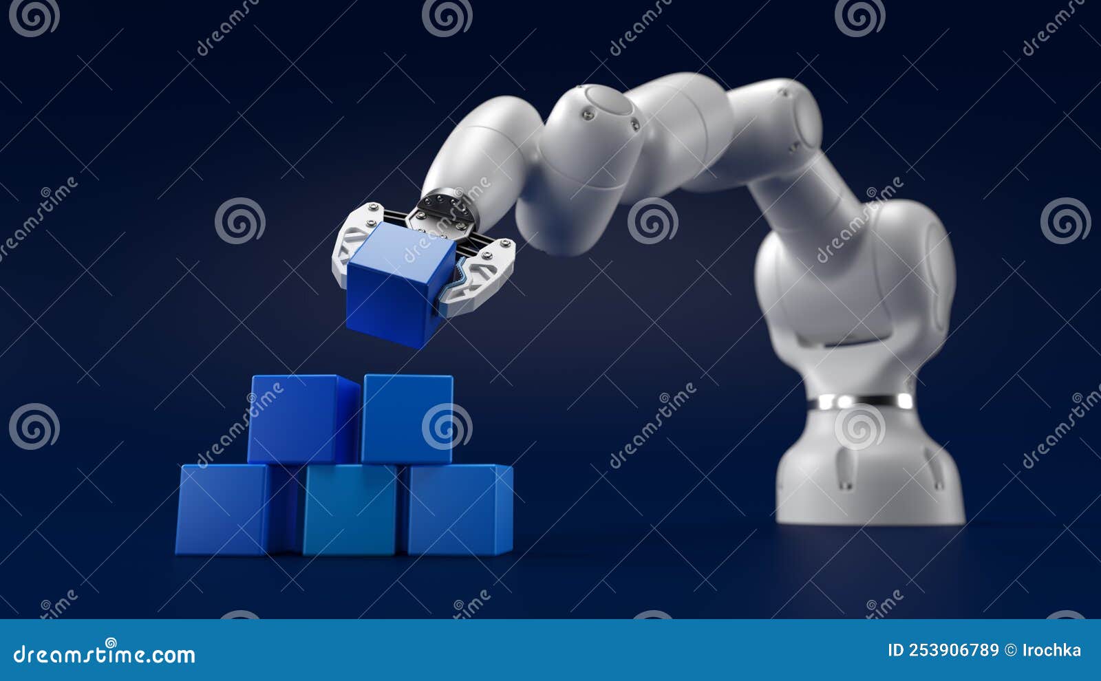 Robotics Arm Stacking Blank Blue Cubic Blocks On Grey Background. Stock ...