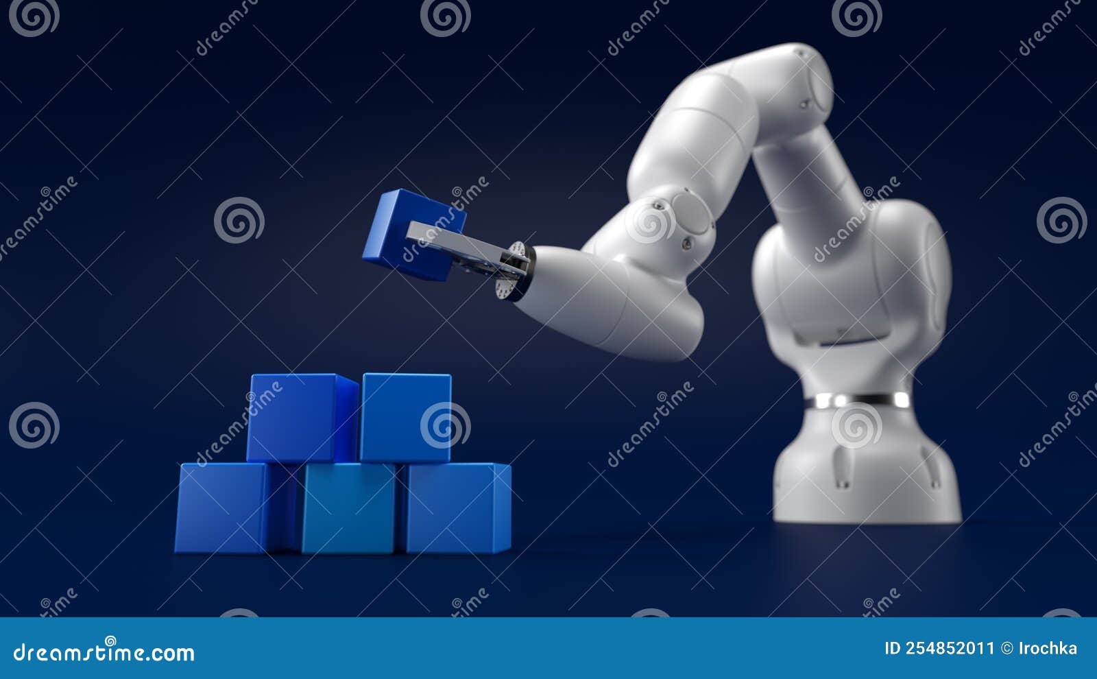 Robotics Arm Stacking Blank Blue Cubic Blocks on Grey Background. Stock ...