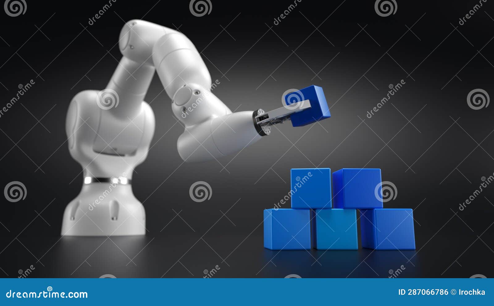 Robotics Arm Stacking Blank Blue Cubic Blocks on Grey Background. Stock ...