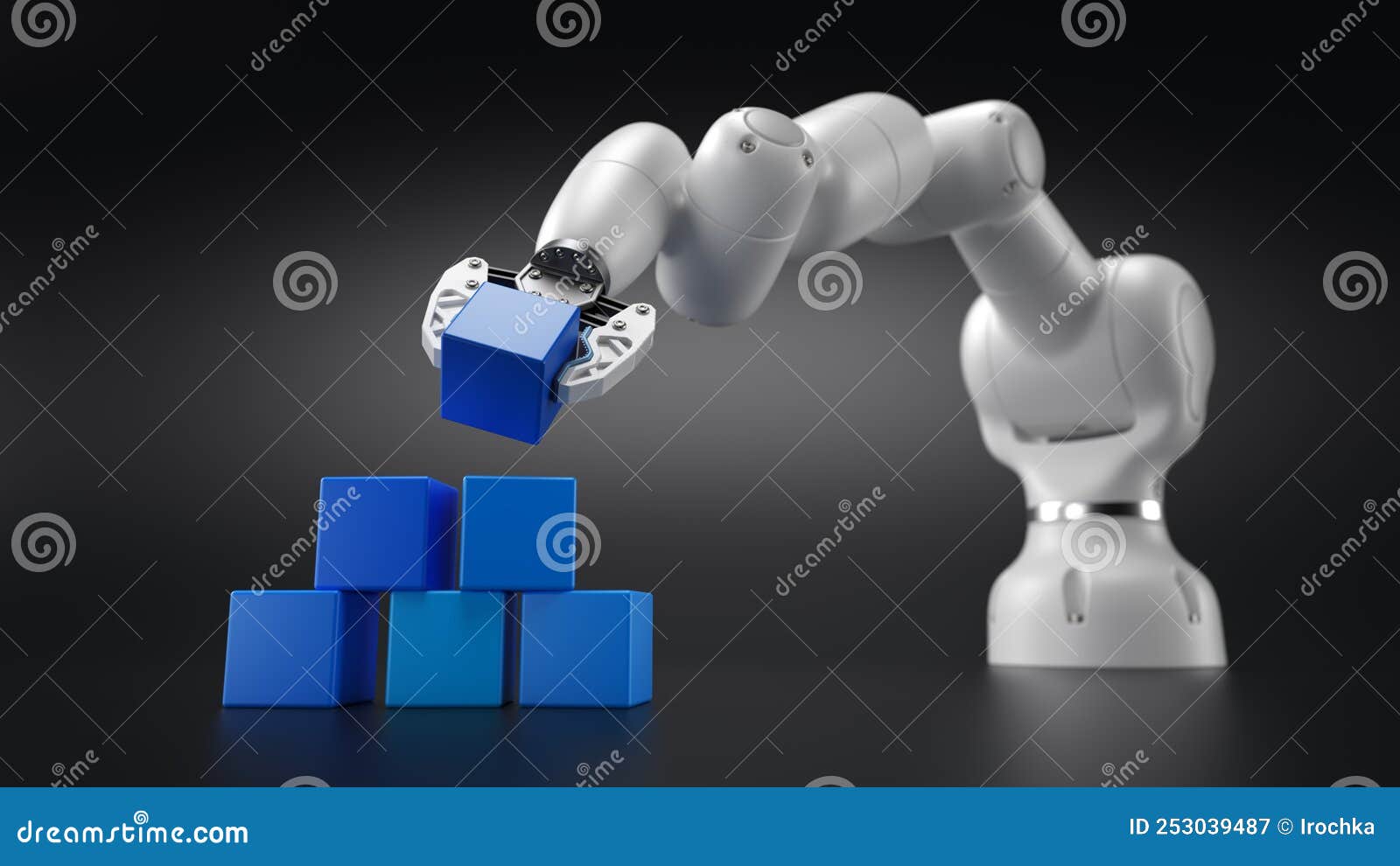 Robotics Arm Stacking Blank Blue Cubic Blocks On Grey Background. Stock ...