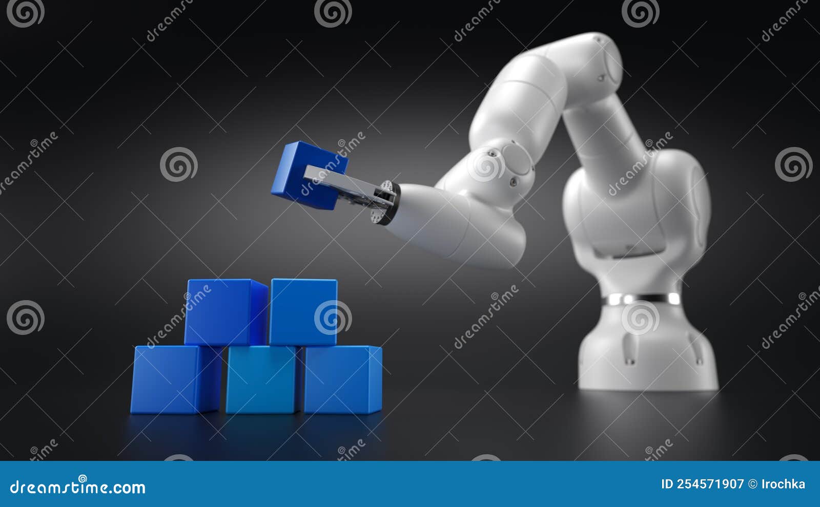 Robotics Arm Stacking Blank Blue Cubic Blocks on Grey Background. Stock ...
