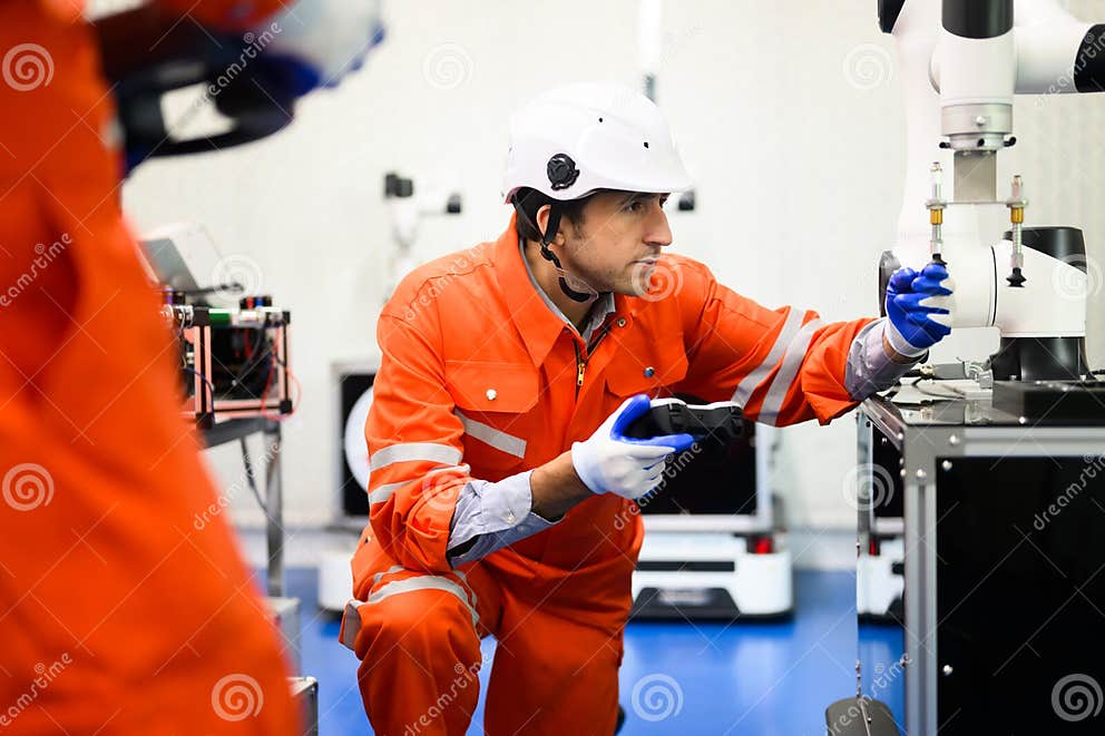 Robotics Controller Engineers Working and Solving Problems on Machine Stock Photo - Image of ...