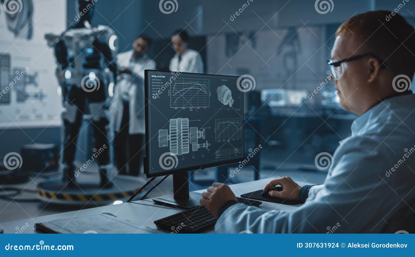 In Robotics Development Laboratory: Chief Analyst Uses Computer for ...