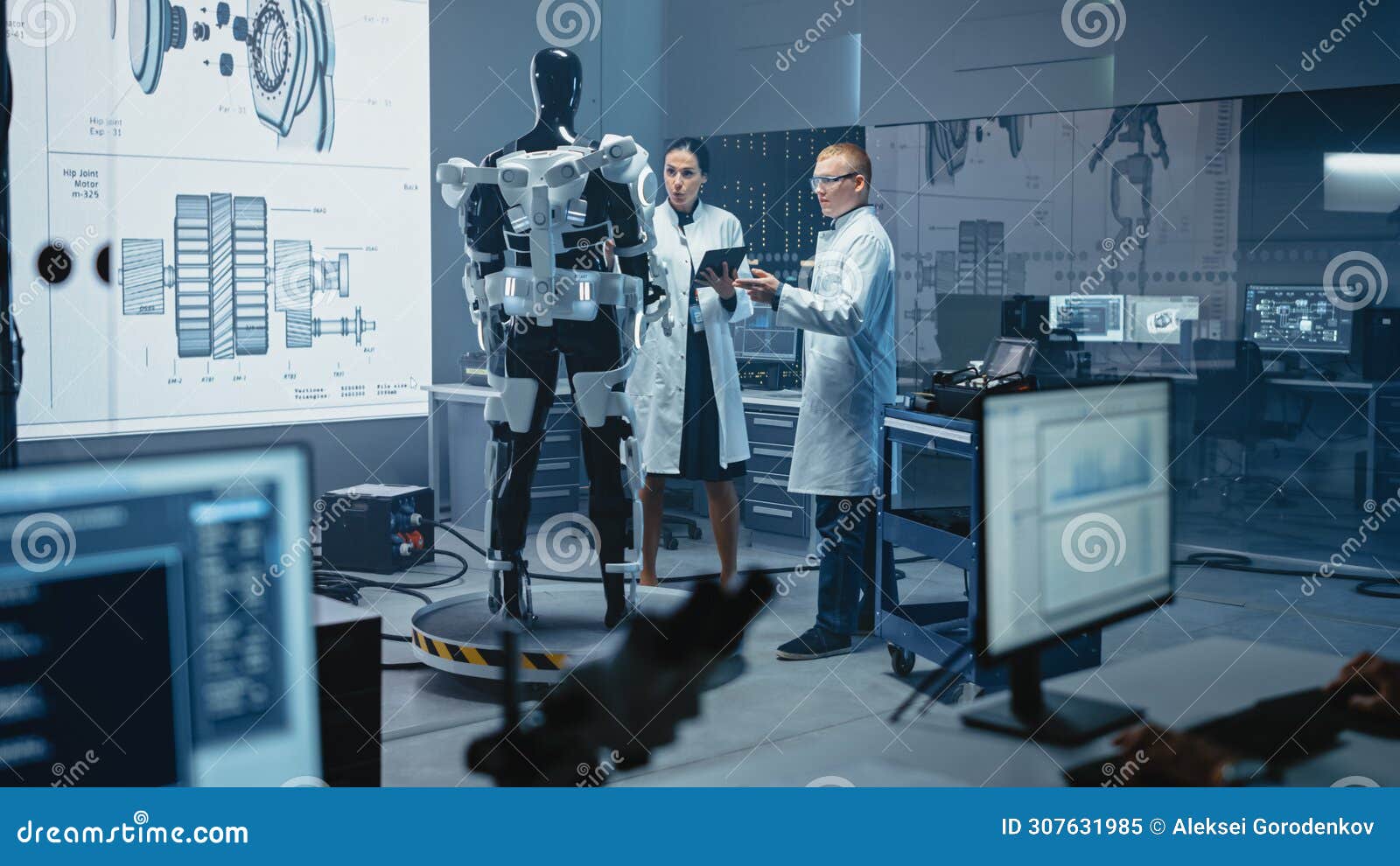 In Robotics Development Laboratory: Chief Female Engineer and Top Male ...