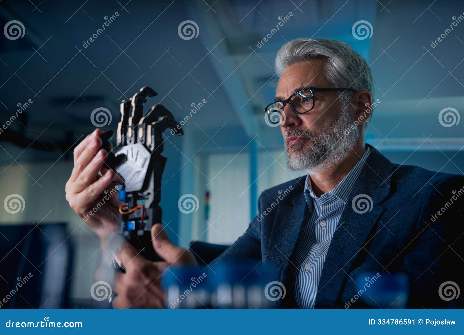 Robotics Engineer Adjusting, Calibring Robotic Prosthetic Hand. Concept ...