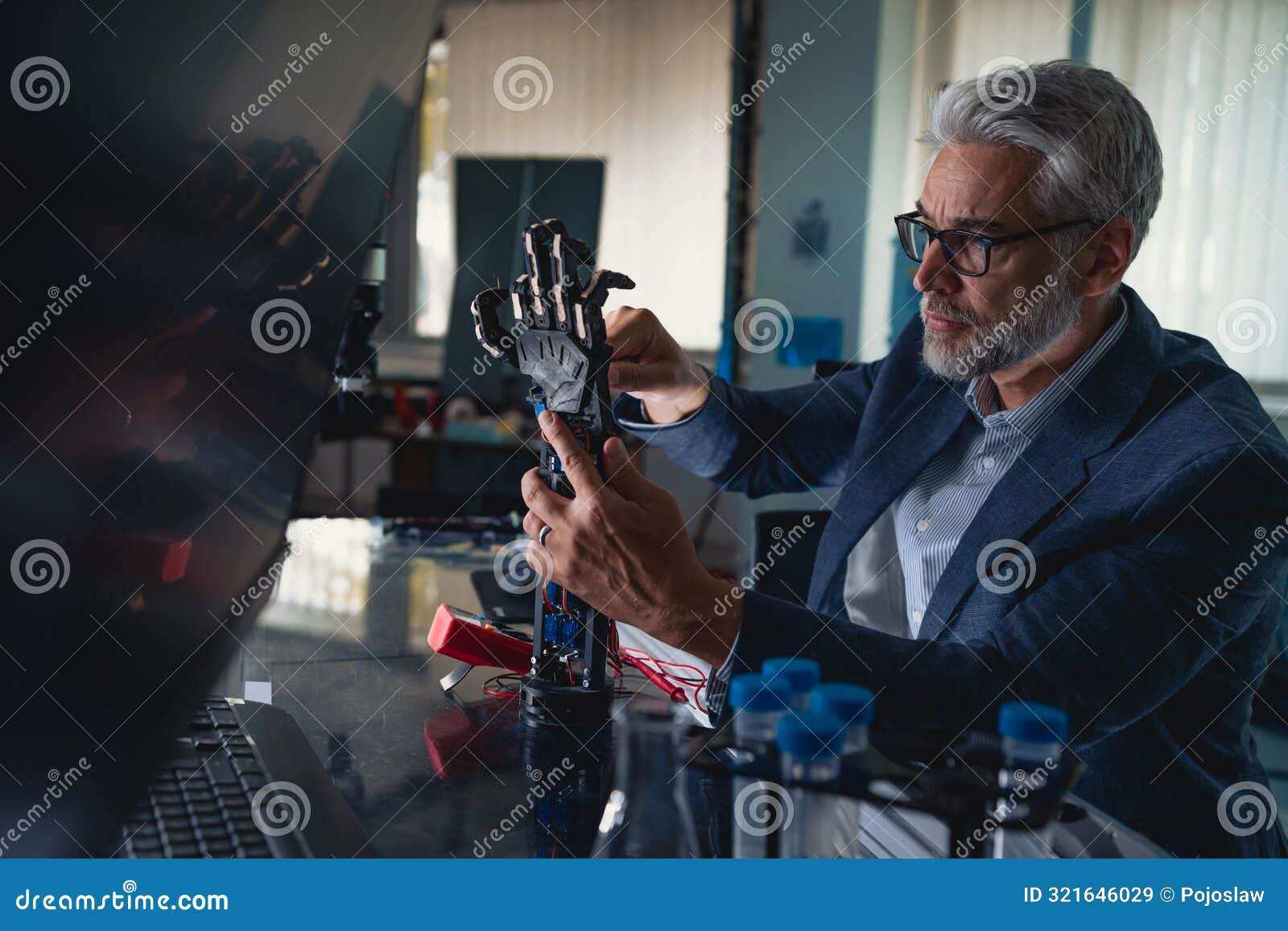 Robotics Engineer Adjusting, Calibring Robotic Prosthetic Hand. Concept ...