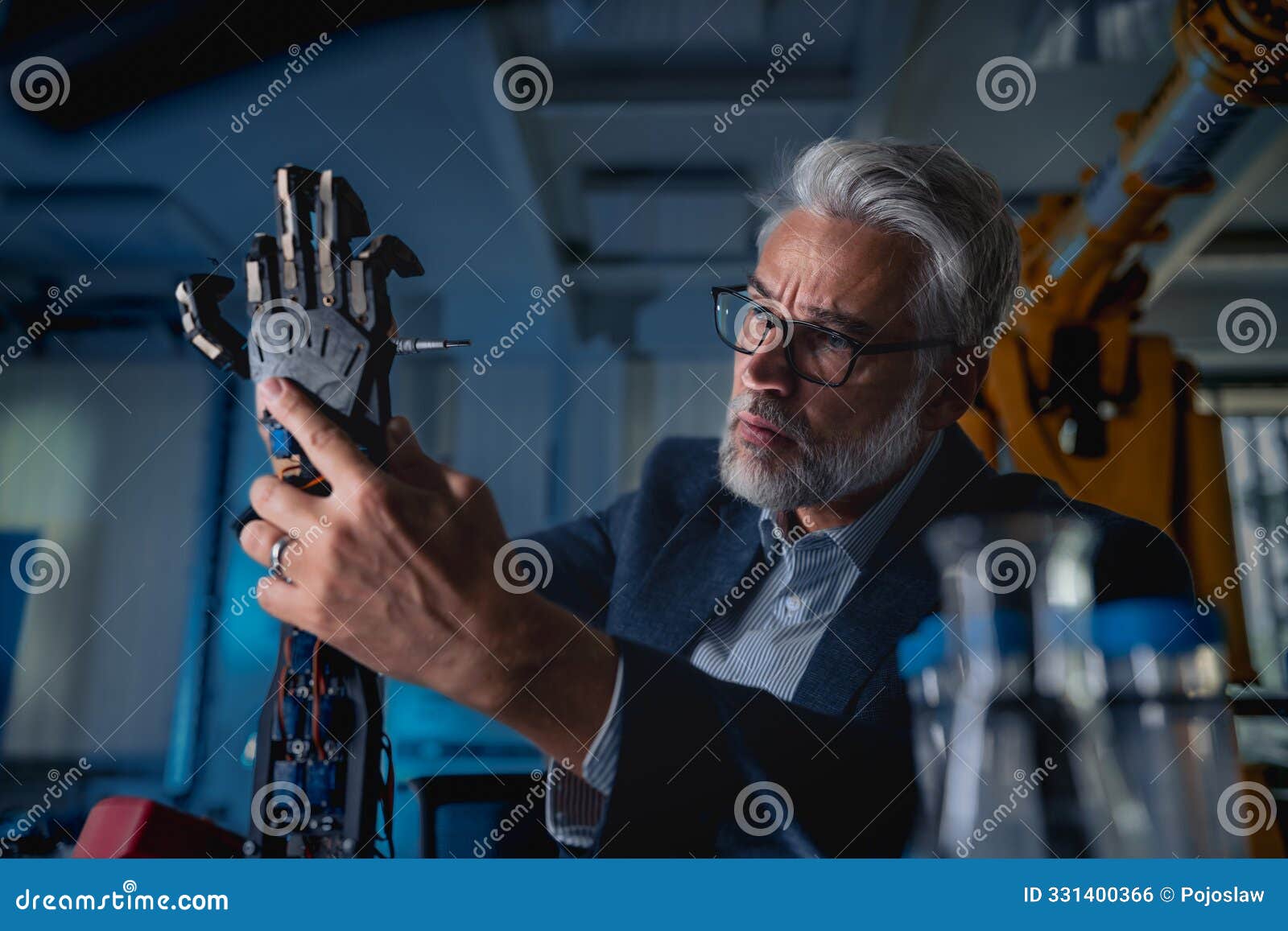 Robotics Engineer Adjusting, Calibring Robotic Prosthetic Hand. Concept ...