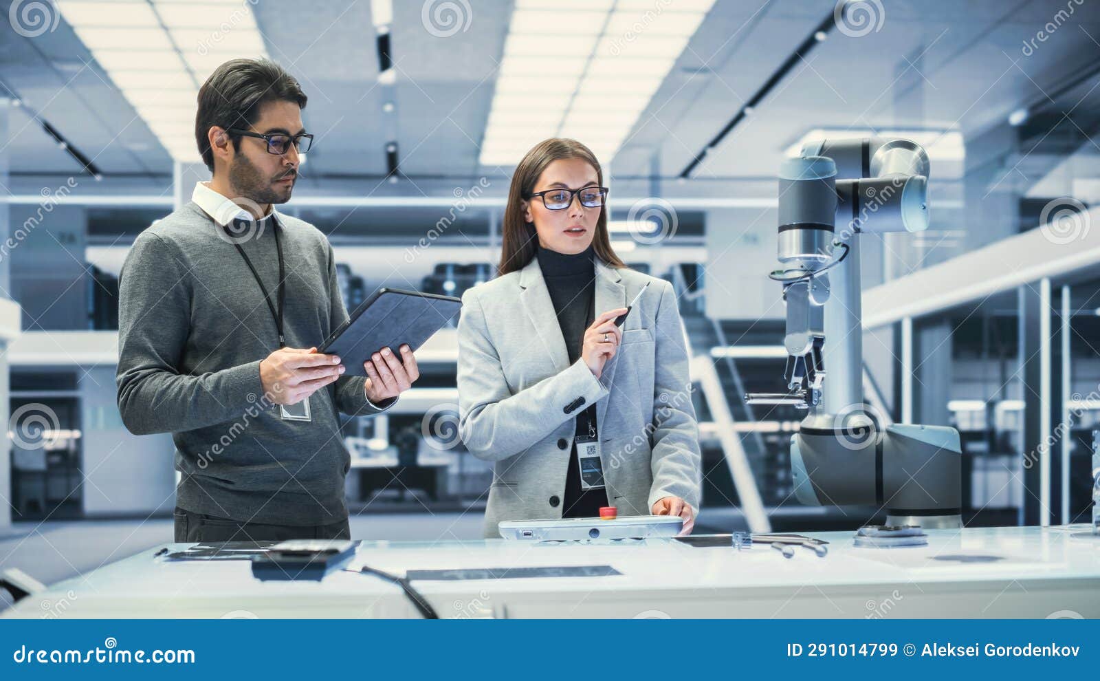 Robotics Engineer and Machinery Operator Collaborate on a Robot Arm ...