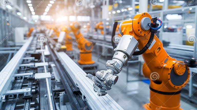 Robotics Factory With Automated Assembly Lines And Robots Programmed Stock Image Image Of