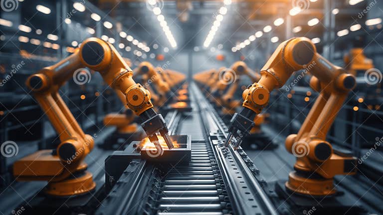 Robotics Factory with Automated Assembly Lines and Robots Programmed Stock Image - Image of ...
