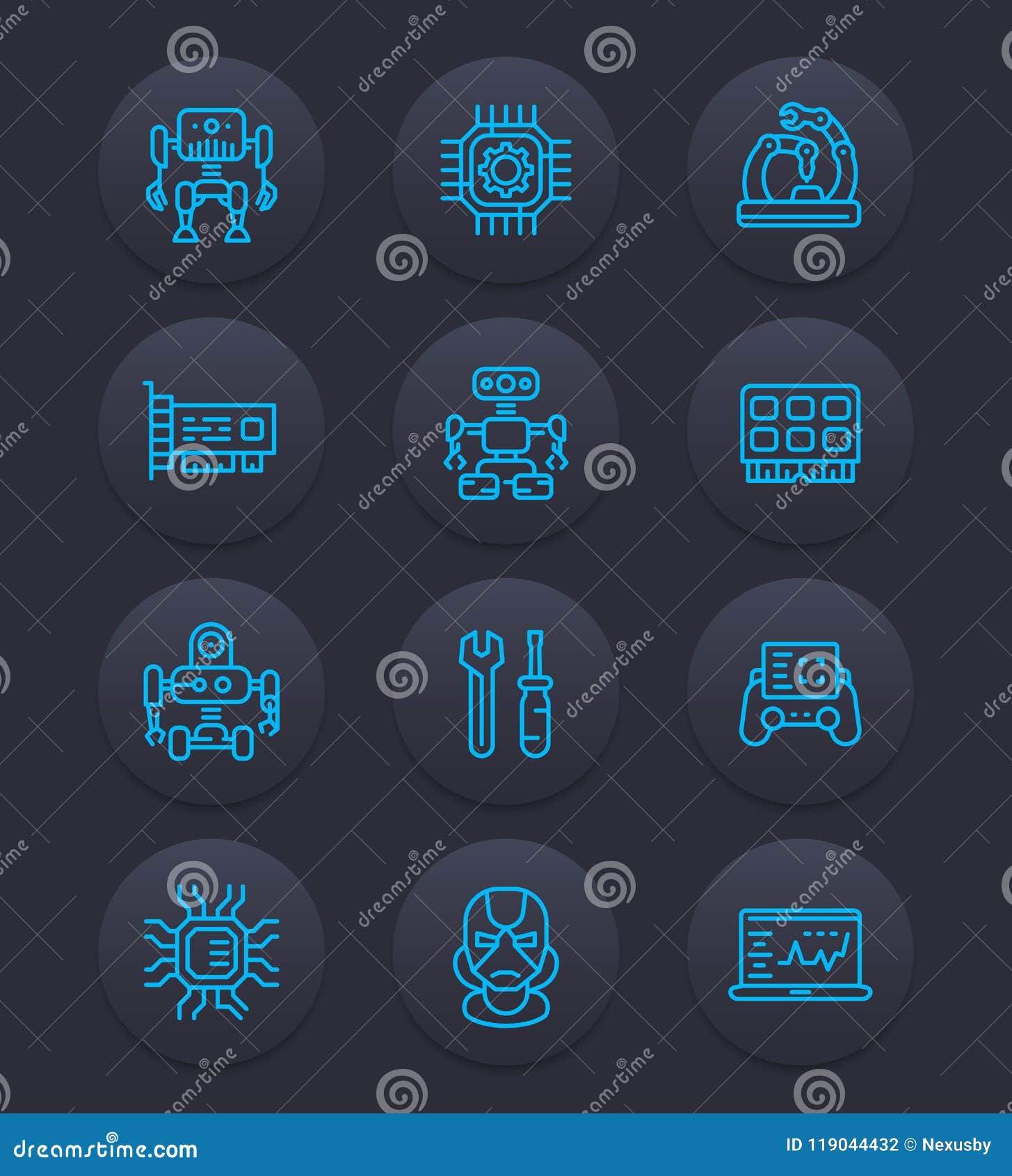 Robotics, Mechanical Engineering, Robots Icons Stock Vector ...
