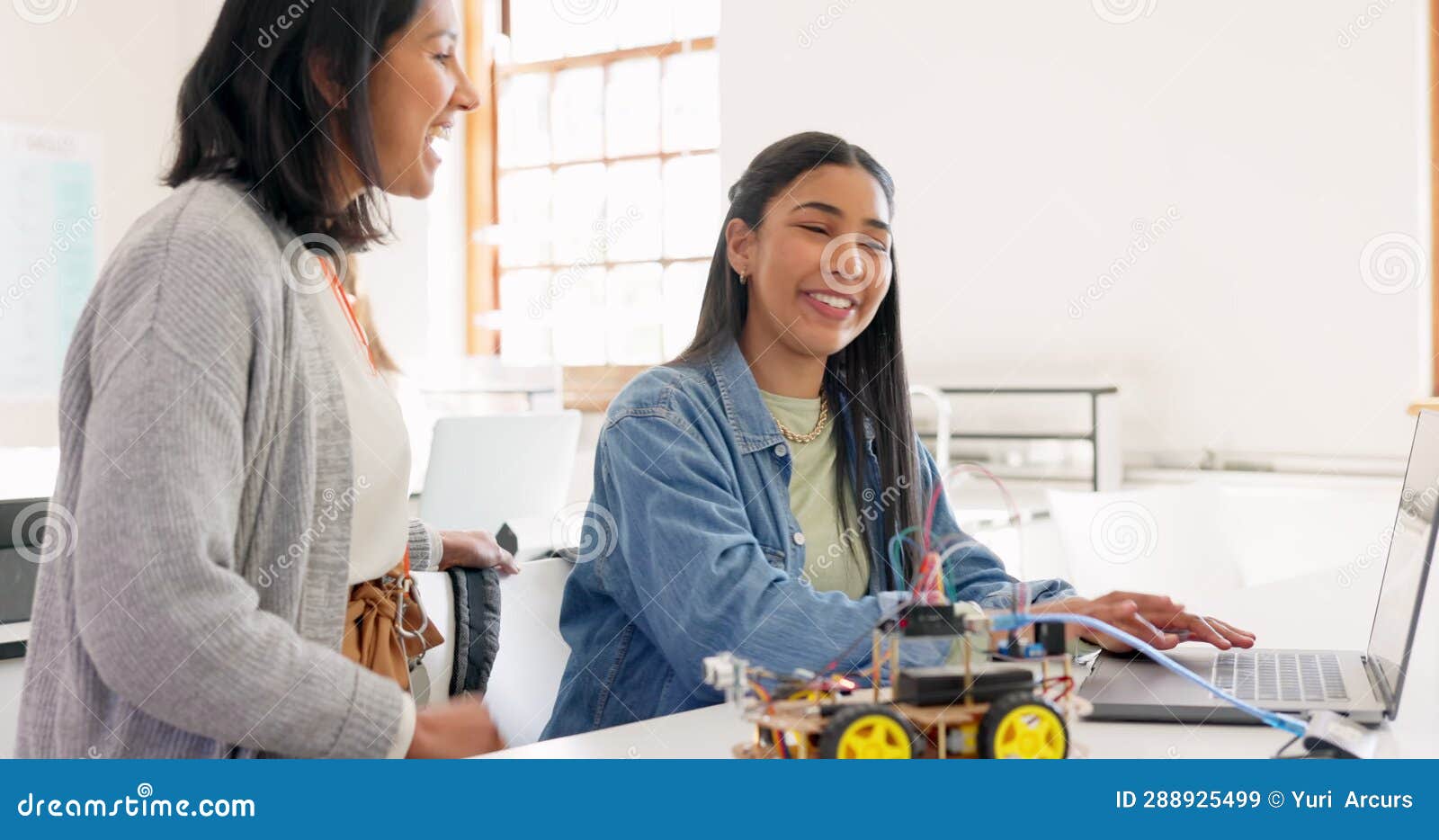 Robotics, Teacher and High Five of Student on Laptop in Classroom, Achievement or Learning ...